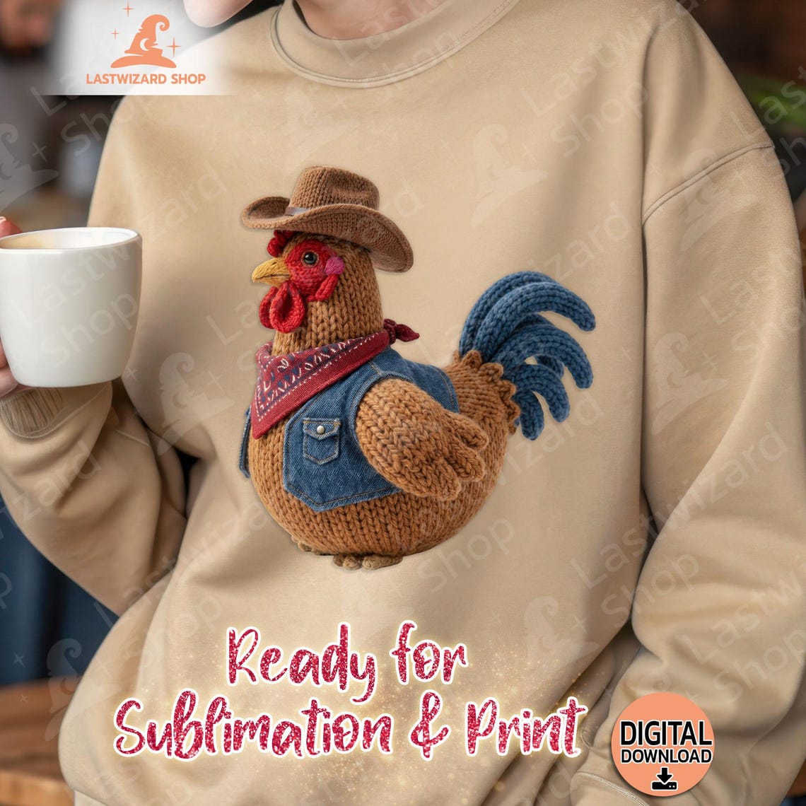 Western Cowboy Chicken PNG Sublimation, 3D Knitted Rooster Shirt Design ...