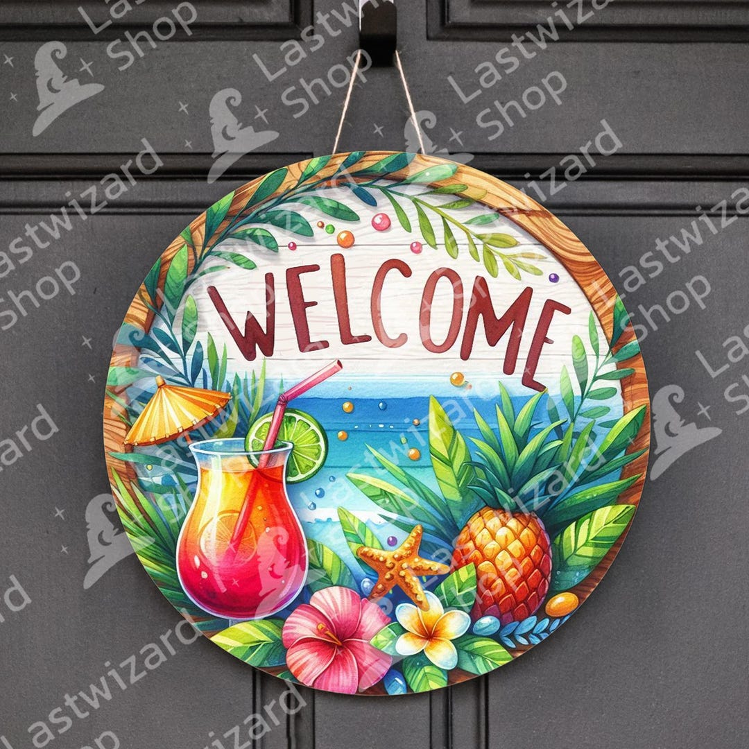 Summer Drink Beach Welcome Sign PNG: Tropical Door Hanger (digital ...