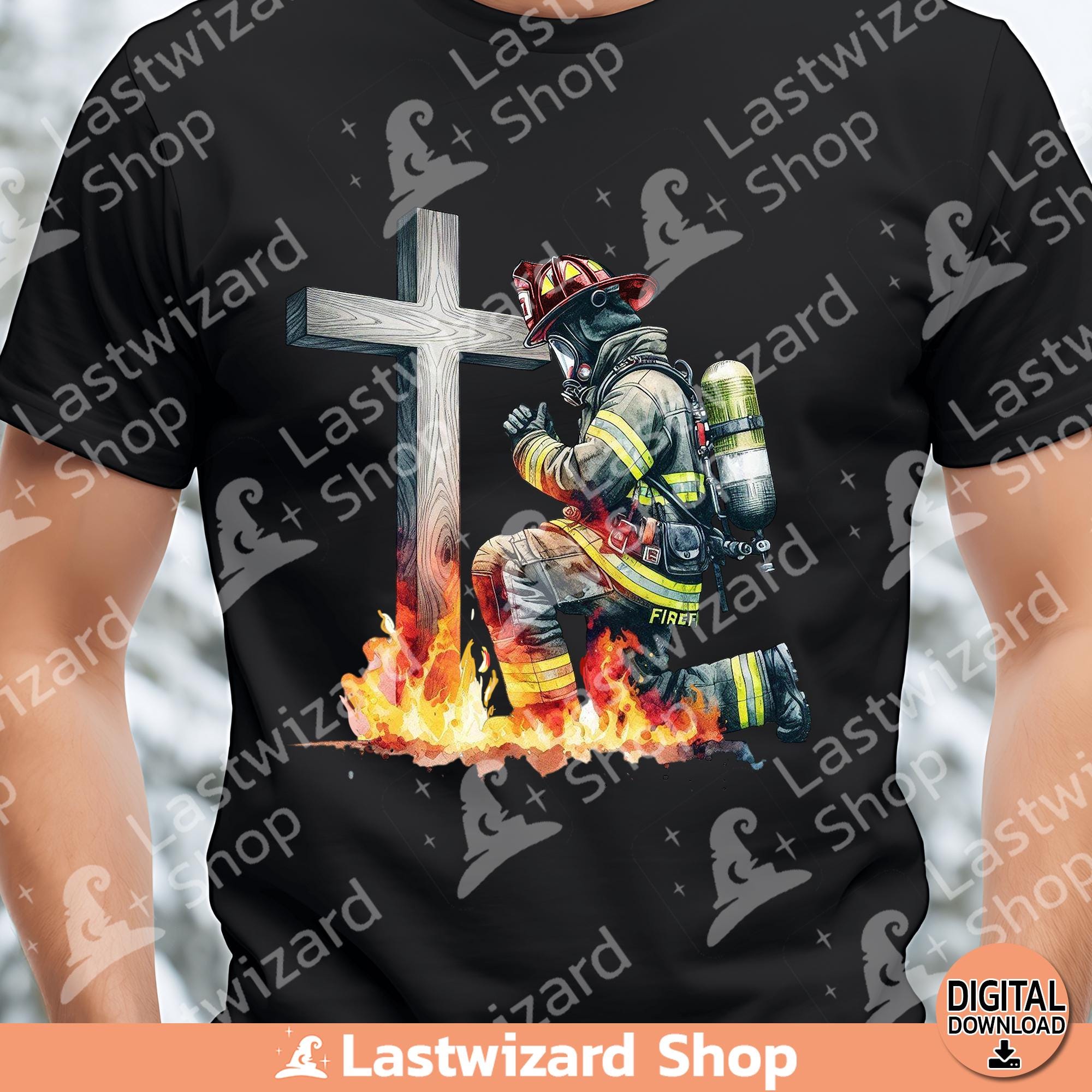 Firefighter Kneeling at Cross PNG, American Flag Fireman Prayer ...