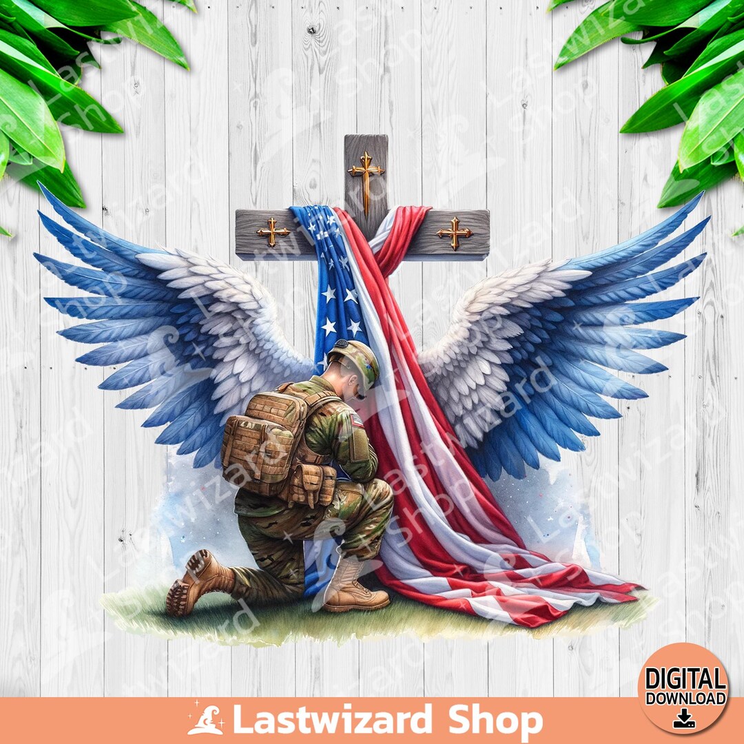 Soldier Kneeling With Cross PNG, Guardian Angel Military Protection Art ...