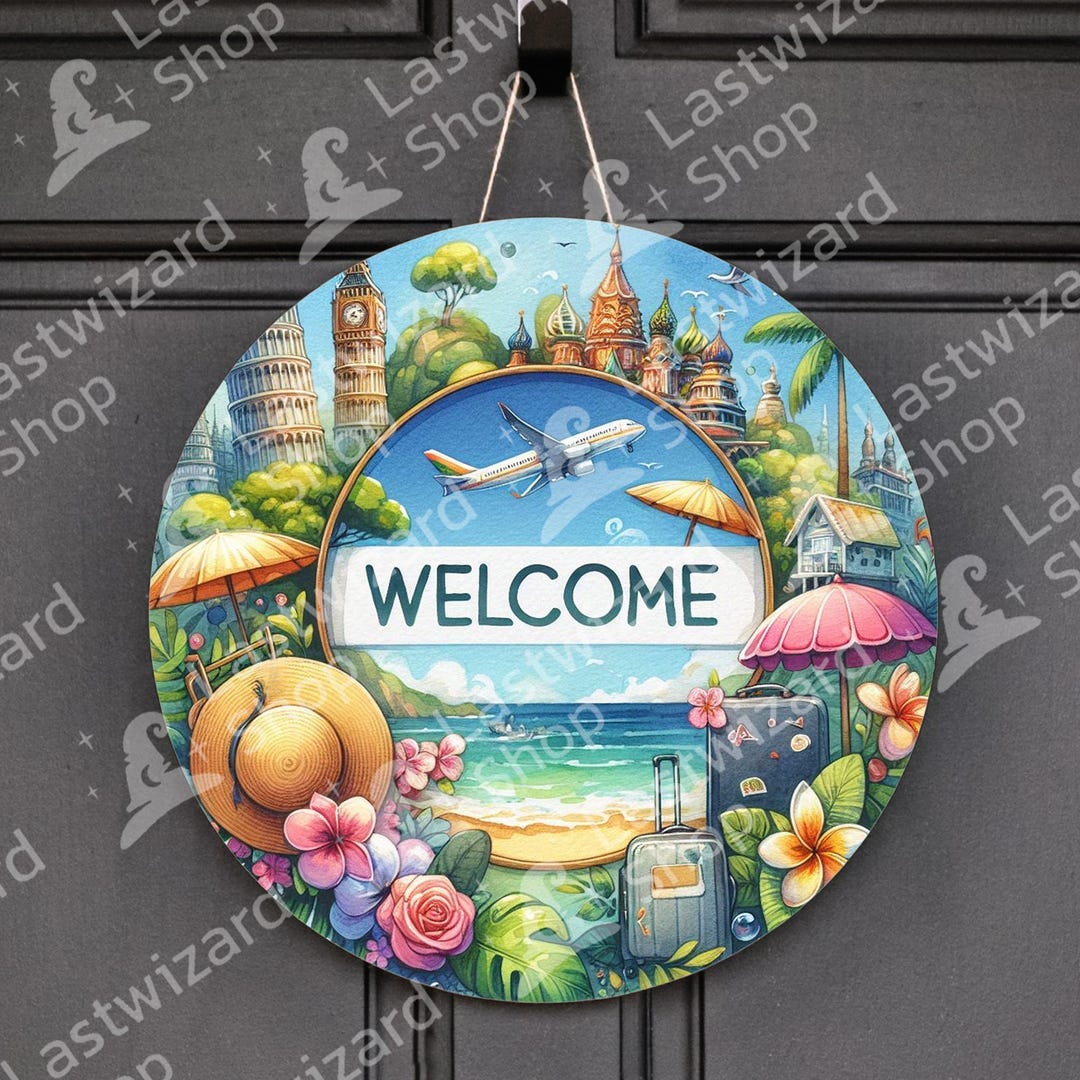 Watercolor Travel Welcome Sign PNG: Round Door Hanger Sublimation ...