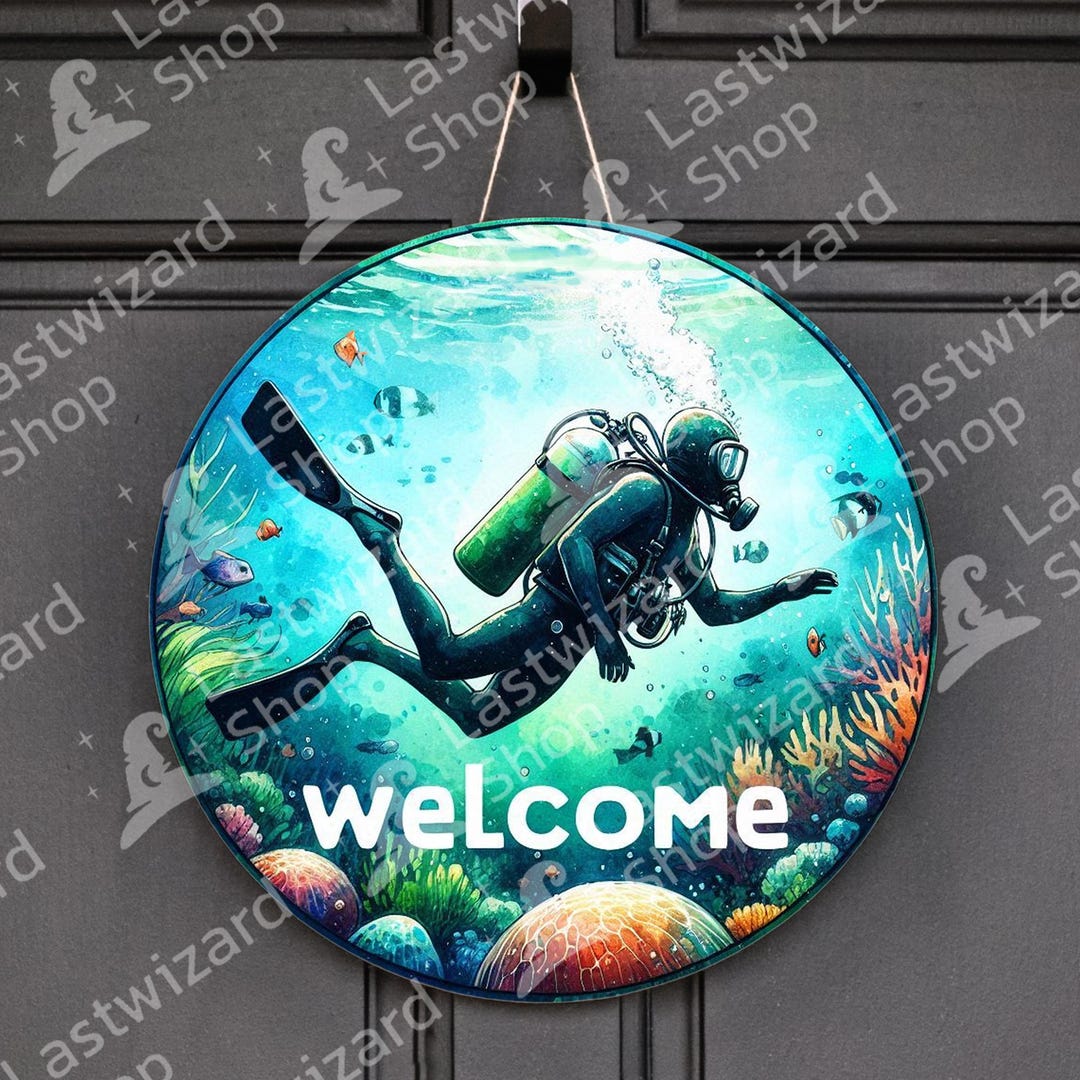 Diver Diving in Sea Round Welcome Sign Png, Scuba Diving Door Hanger 12 ...