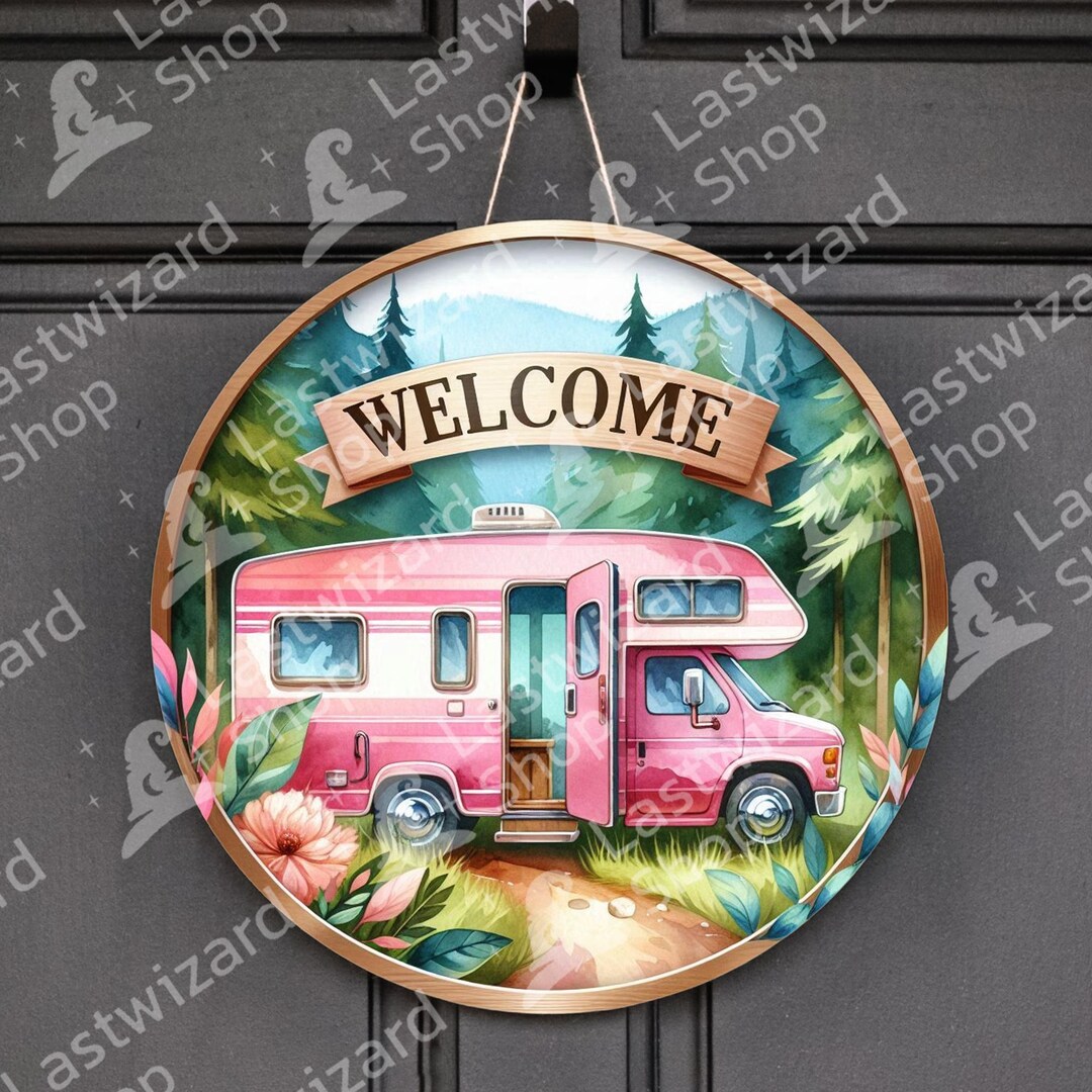 Cute Girl Camping RV Life Round Welcome Sign Png, Camping Trailers Door ...