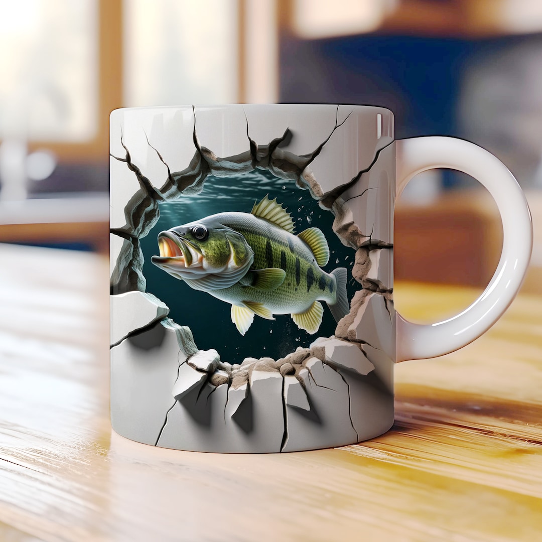 3D Bass Fish Mug Wrap Sublimation, Cracked Wall Illusion Fishing PNG ...