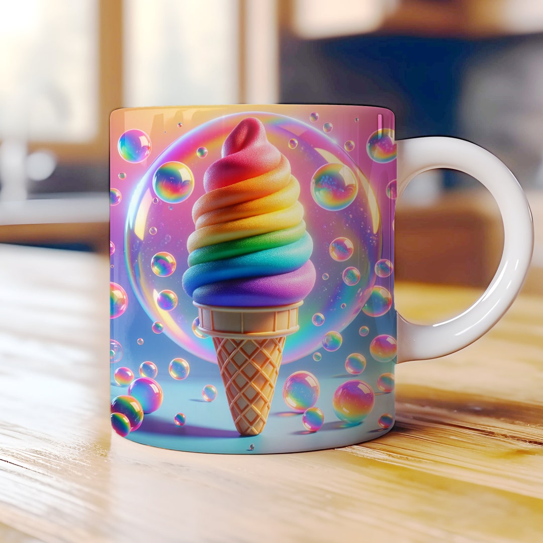 3D Rainbow Icecream and Bubble Mug Wrap 11oz & 15oz Mug Wrap Template ...
