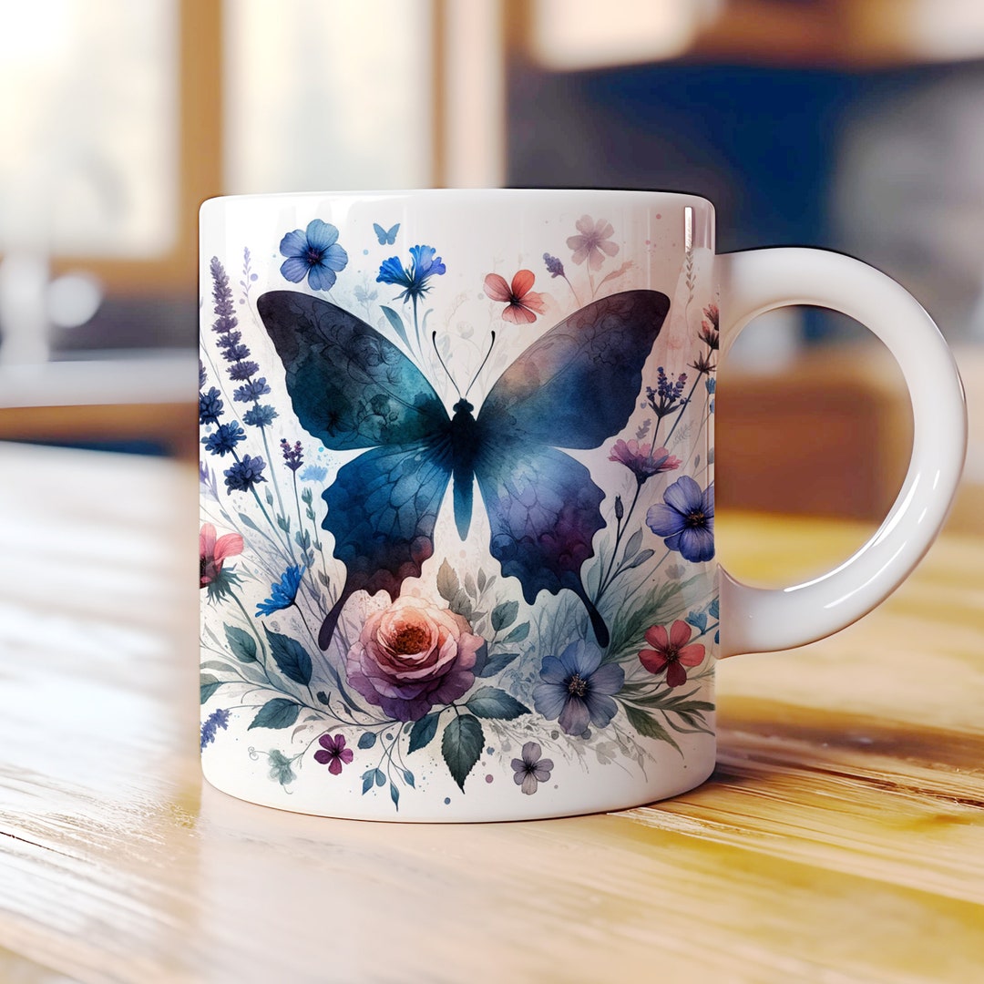 Blue Butterfly With Flowers Mug Wrap 11oz & 15oz Mug Wrap Template ...