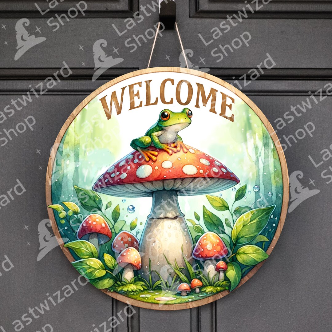 Frog on Mushroom Welcome Sign PNG: 12 Inch Round Door Hanger (digital ...