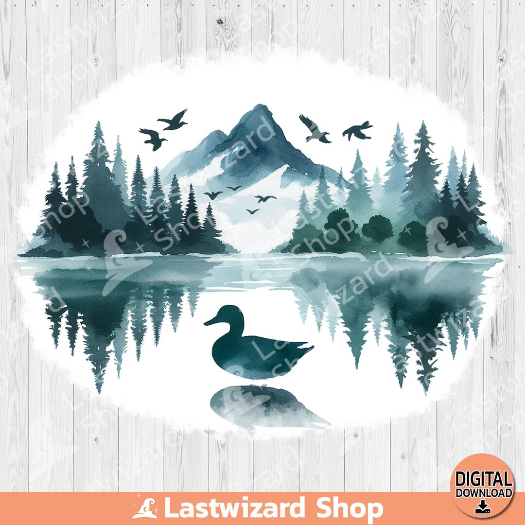 Watercolor Duck Mountain Scene PNG: Wildlife Clipart (digital Download ...