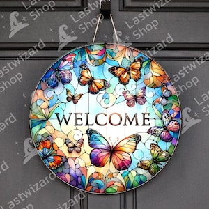 Butterfly Stained Glass Welcome Door Sign: 12 Inch Round PNG (digital ...