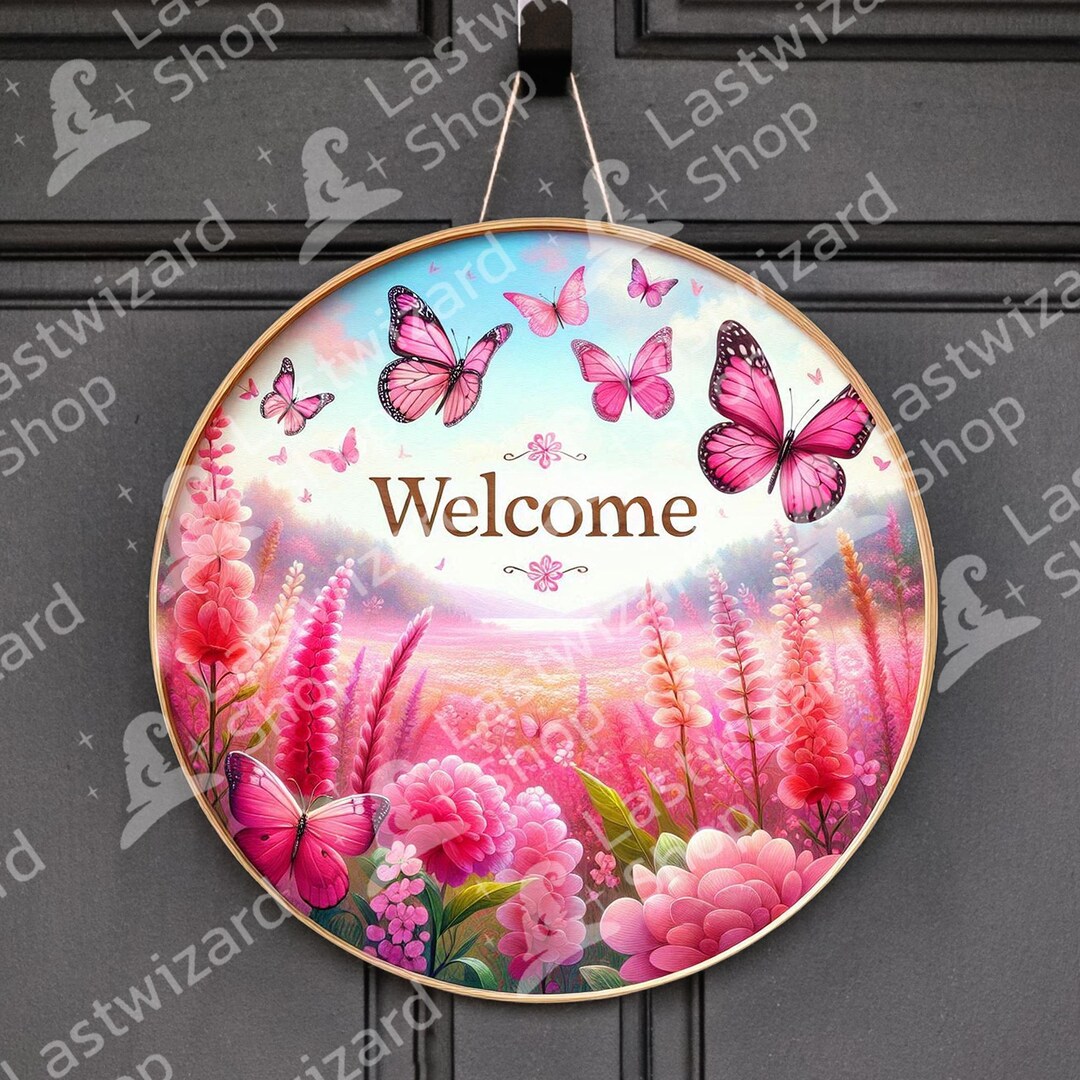 Floral Pink Butterflies Round Sublimation Door Hanger PNG Design ...