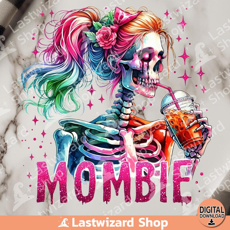 Mombie Girl PNG: Watercolor Halloween Coffee Sublimation Design ...