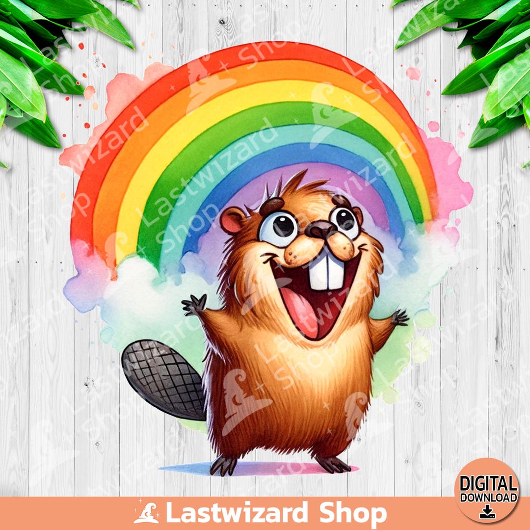 Crazy Beaver and Rainbow Sublimation Design, Watercolor Beavers Clipart ...
