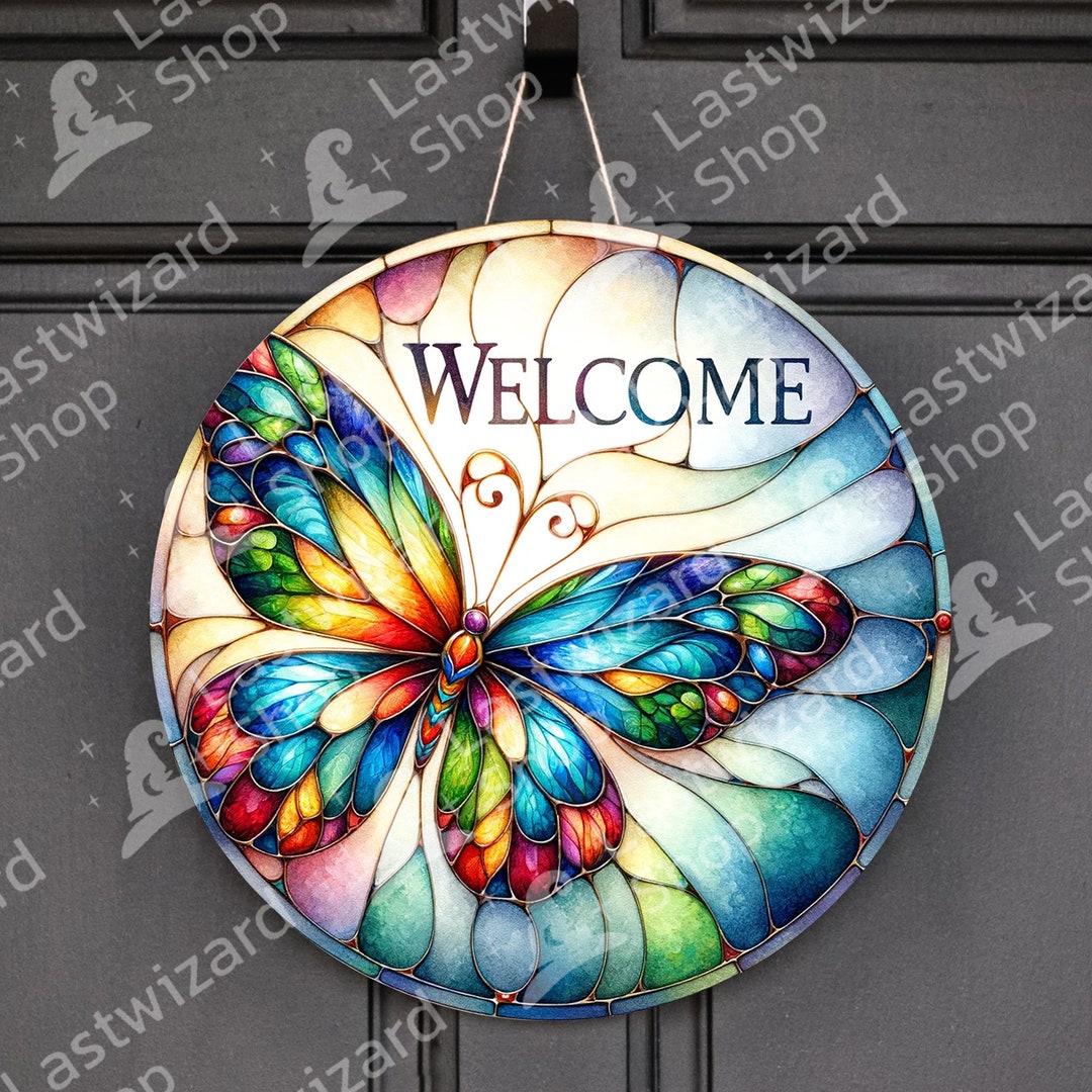 Butterfly Stained Glass Round Sublimation Door Hanger PNG Design ...