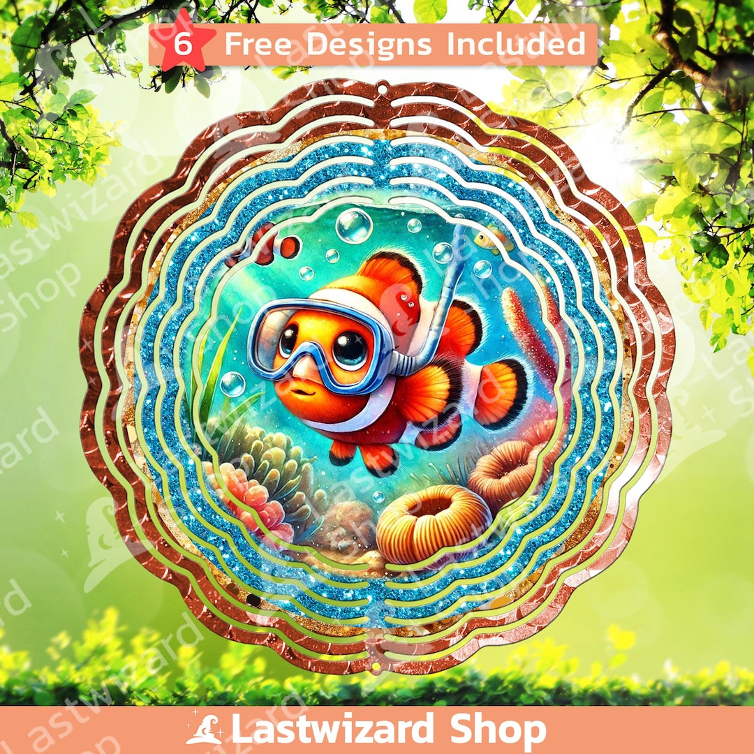 Cute Clownfish With Diving Mask Wind Spinner Png, Sea Fish Door Hanger ...