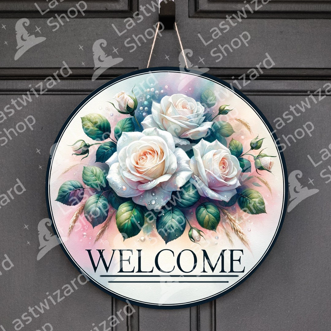 White Rose Round Sublimation Door Hanger PNG Design, Welcome Door Sign ...