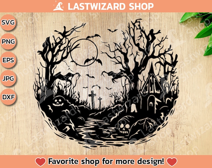 Scary Graveyard Svg, Halloween Scene Svg, Haunted House Svg, Halloween ...