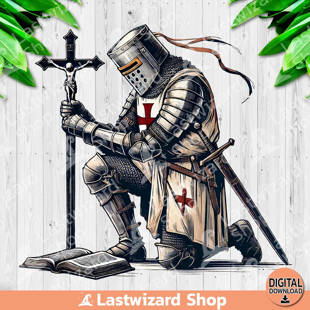 Medieval Crusade Knight Kneel Pray With Cross and Bible Png, Medieval ...