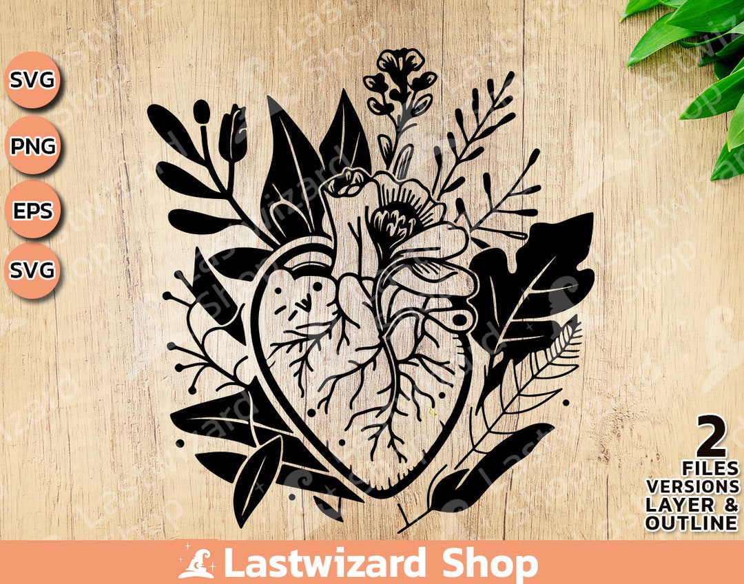 Cardiology Heart With Flower and Leaves Svg, Cadio Svg, Heart Anatomy ...