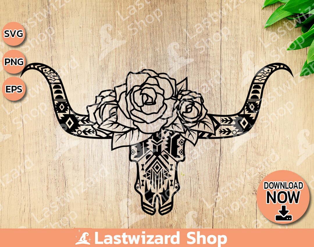 Cow Skull With Aztec Pattern and Roses Svg, Farm Svg, Bull Skull ...