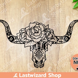 Cow Skull With Aztec Pattern and Roses Svg, Farm Svg, Bull Skull ...