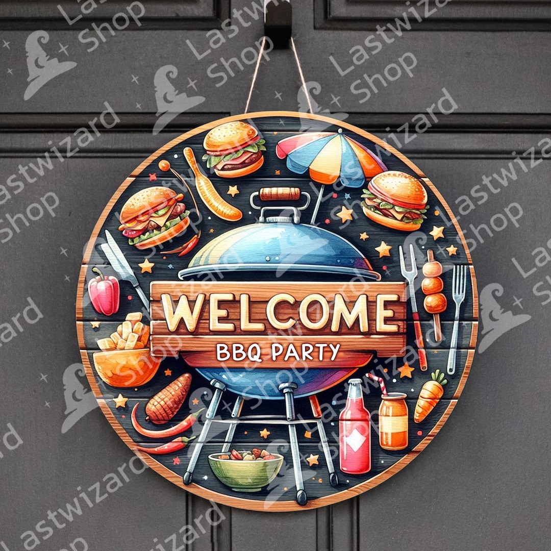 Barbecue Party Round Welcome Sign Png, BBQ Season Door Hanger 12 Inch ...