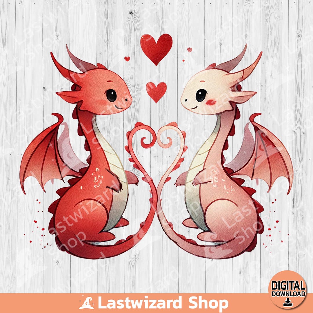 Pink and Red Dragon Couple Valentine Heart PNG, Fantasy Book ...