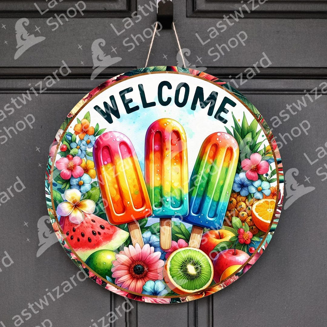 Summer Rainbow Popsicles Door Hanger PNG, Welcome Wreath Sign (digital ...