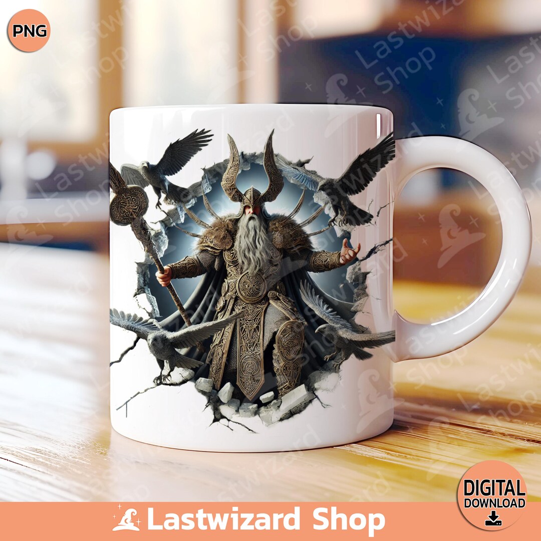 3D Odin With His Spear Gungnir and Two Ravens Hole Wall Cracked Mug ...