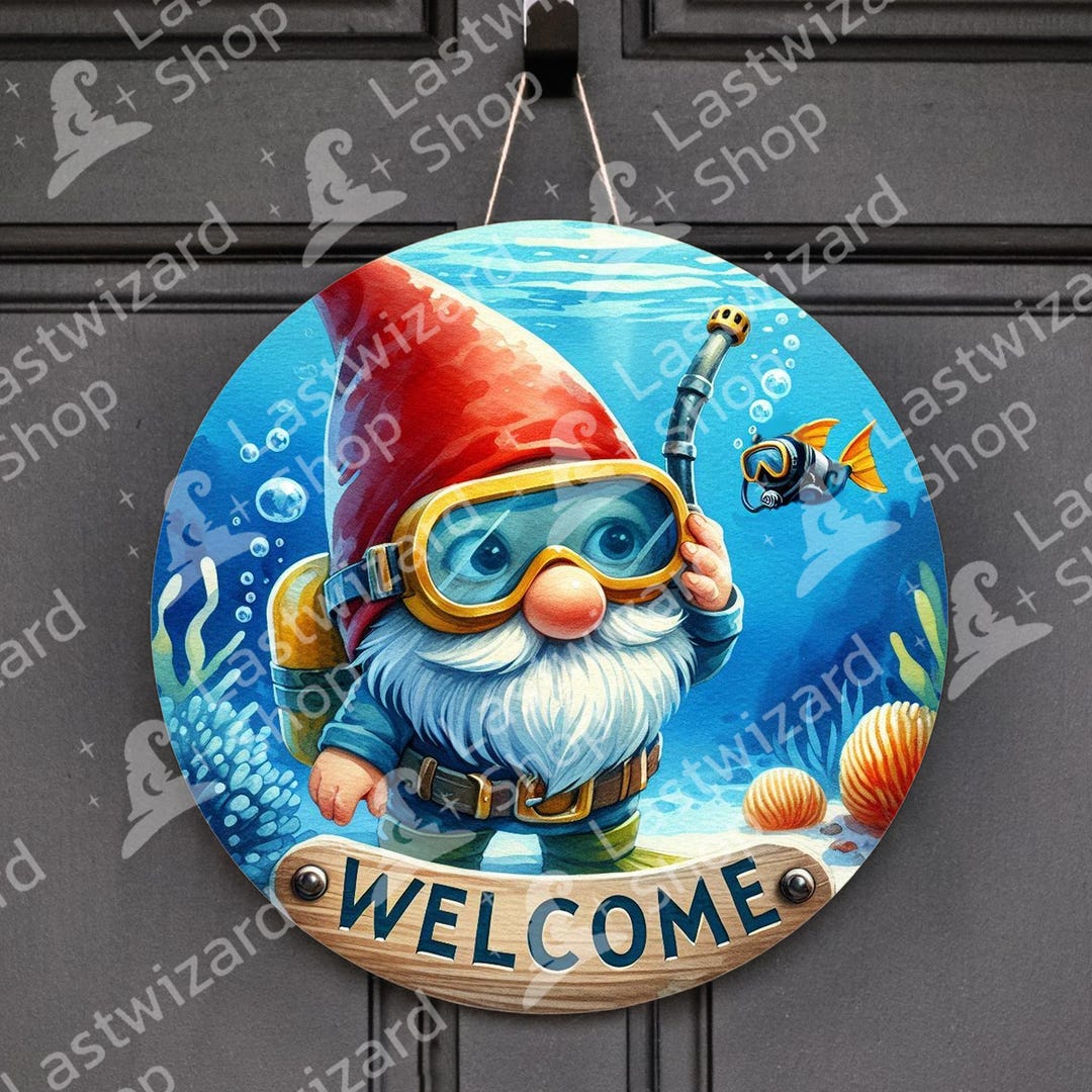 Gnome Diving in Sea Round Welcome Sign Png, Scuba Diving Door Hanger 12 ...