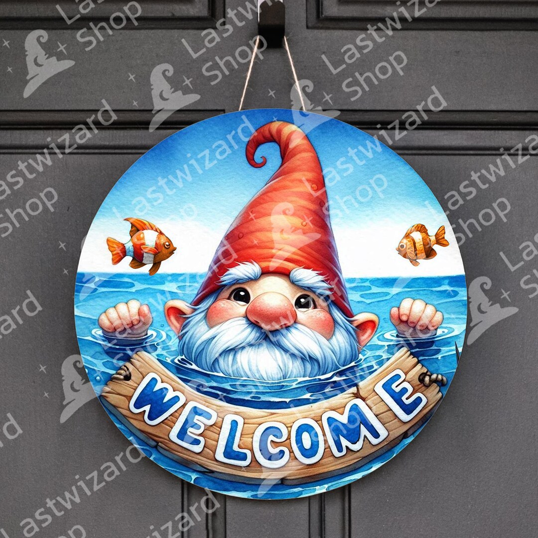 Gnome Swimming Round Welcome Sign Png, Summer Gnome Door Hanger 12 Inch ...