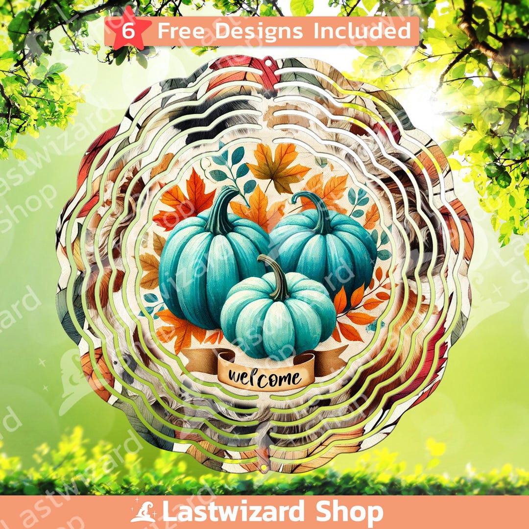 Three Fall Blue Pumpkin Spinner PNG, Wind Spinner Sublimation Template ...