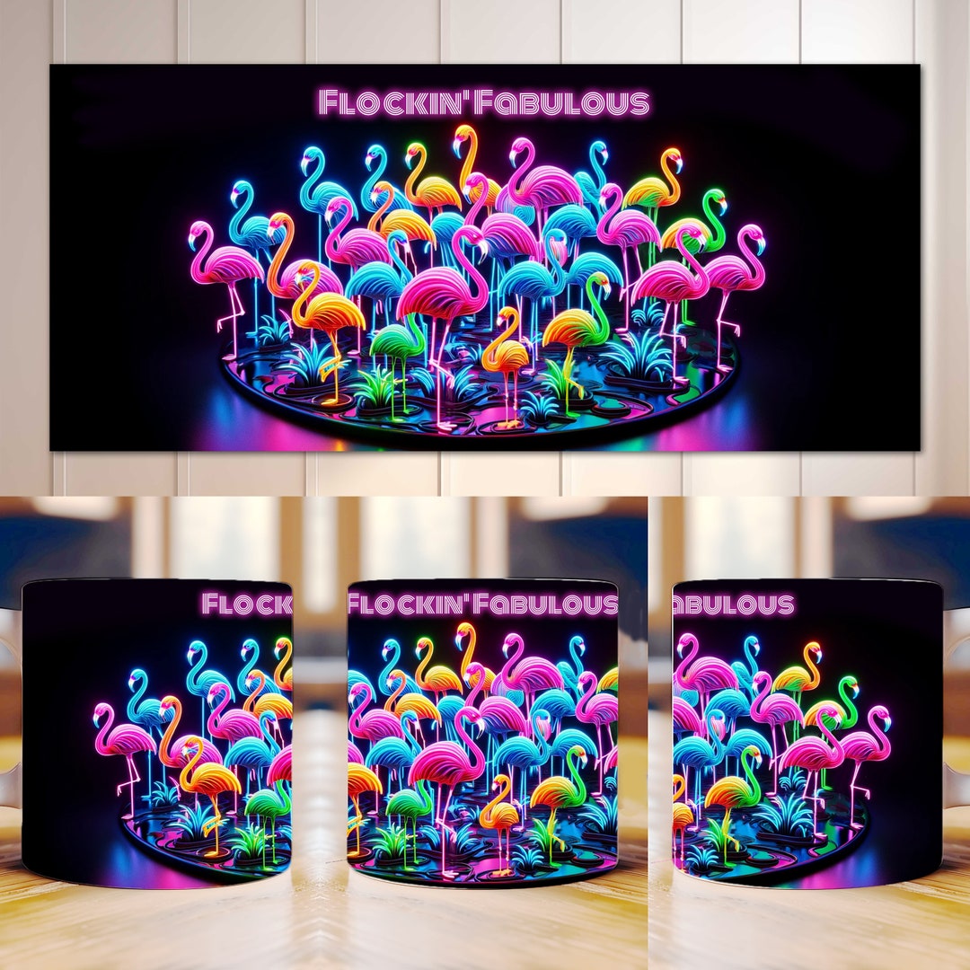 3D Flockin' Fabulous, Neon Flamingos Mug Wrap 11oz & 15oz Mug Wrap ...