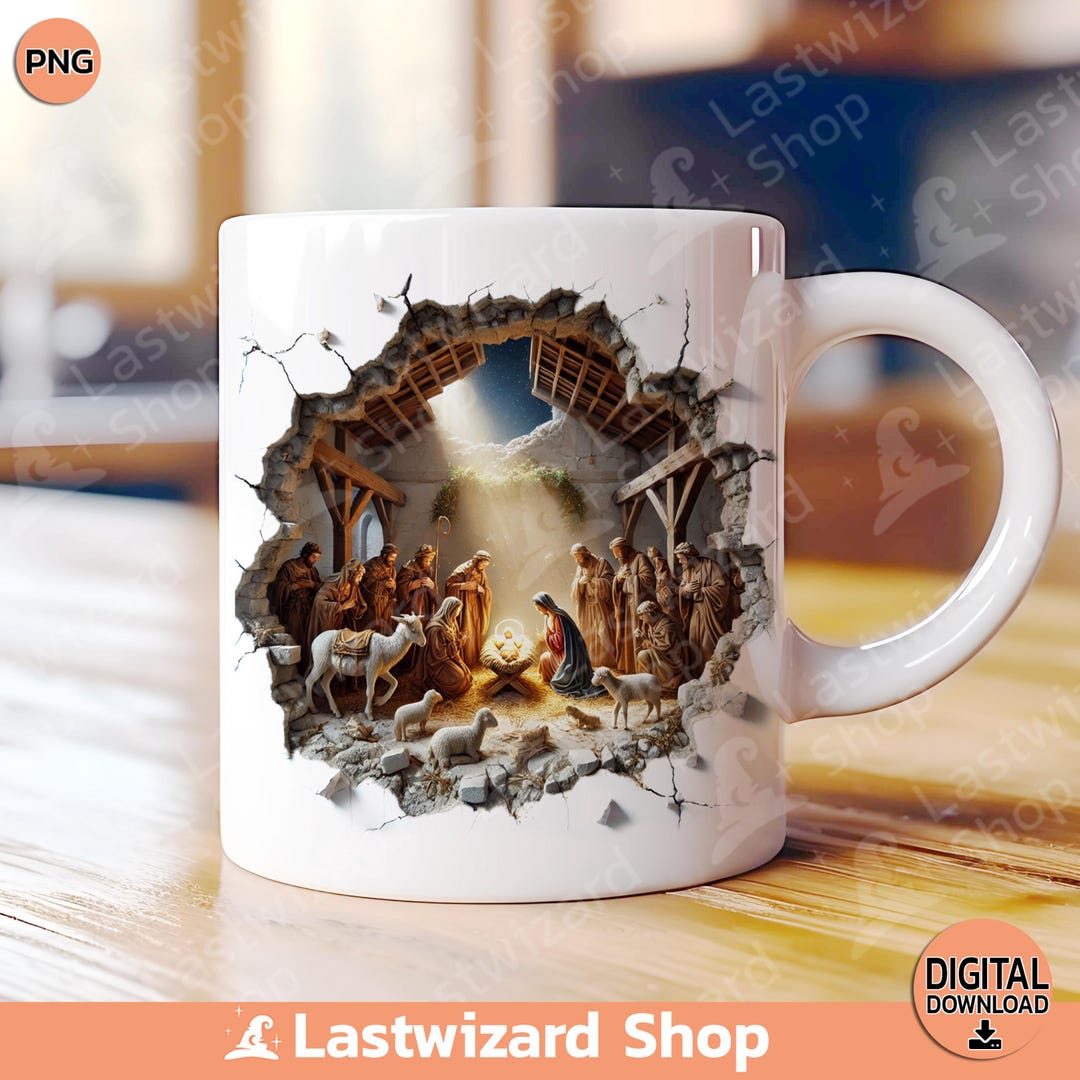 3D Nativity Scene Mug Wrap: Cracked Wall Design (PNG Digital Download ...