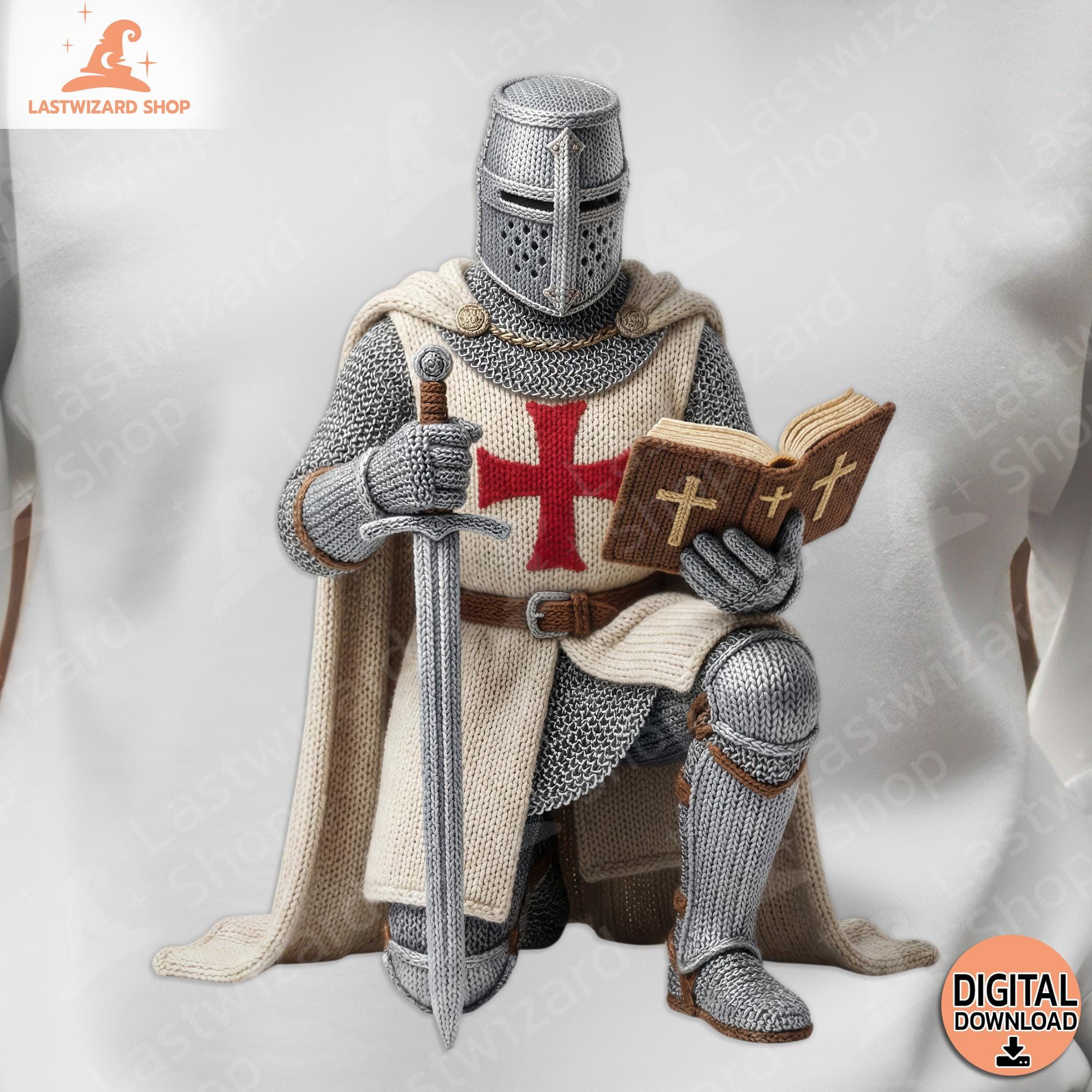 Knitted Crusader Knight PNG, 3D Crochet Armor of God, Kneeling Templar ...