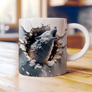 3D Wolf Howling Hole Wall Cracked Mug Wrap 11oz & 15oz Mug Wrap ...