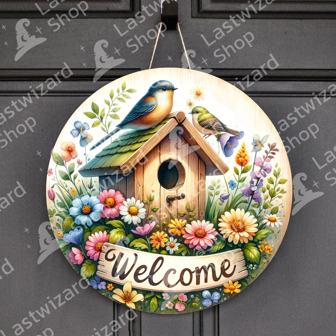 Watercolor Birdhouse Welcome Sign PNG for Round Wood Door Hanger ...