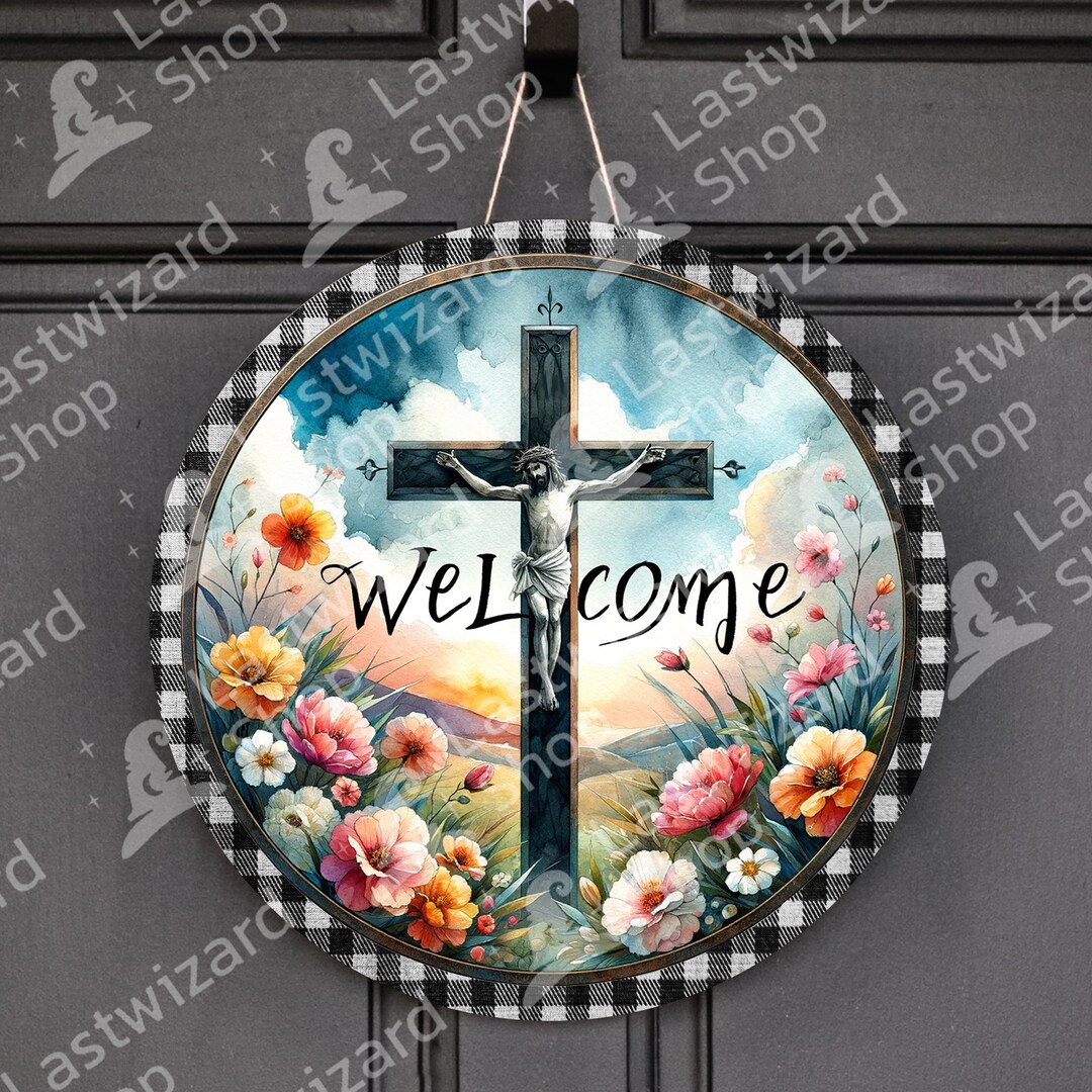 Jesus on Cross With Flowers Round Sublimation Door Hanger PNG Design ...