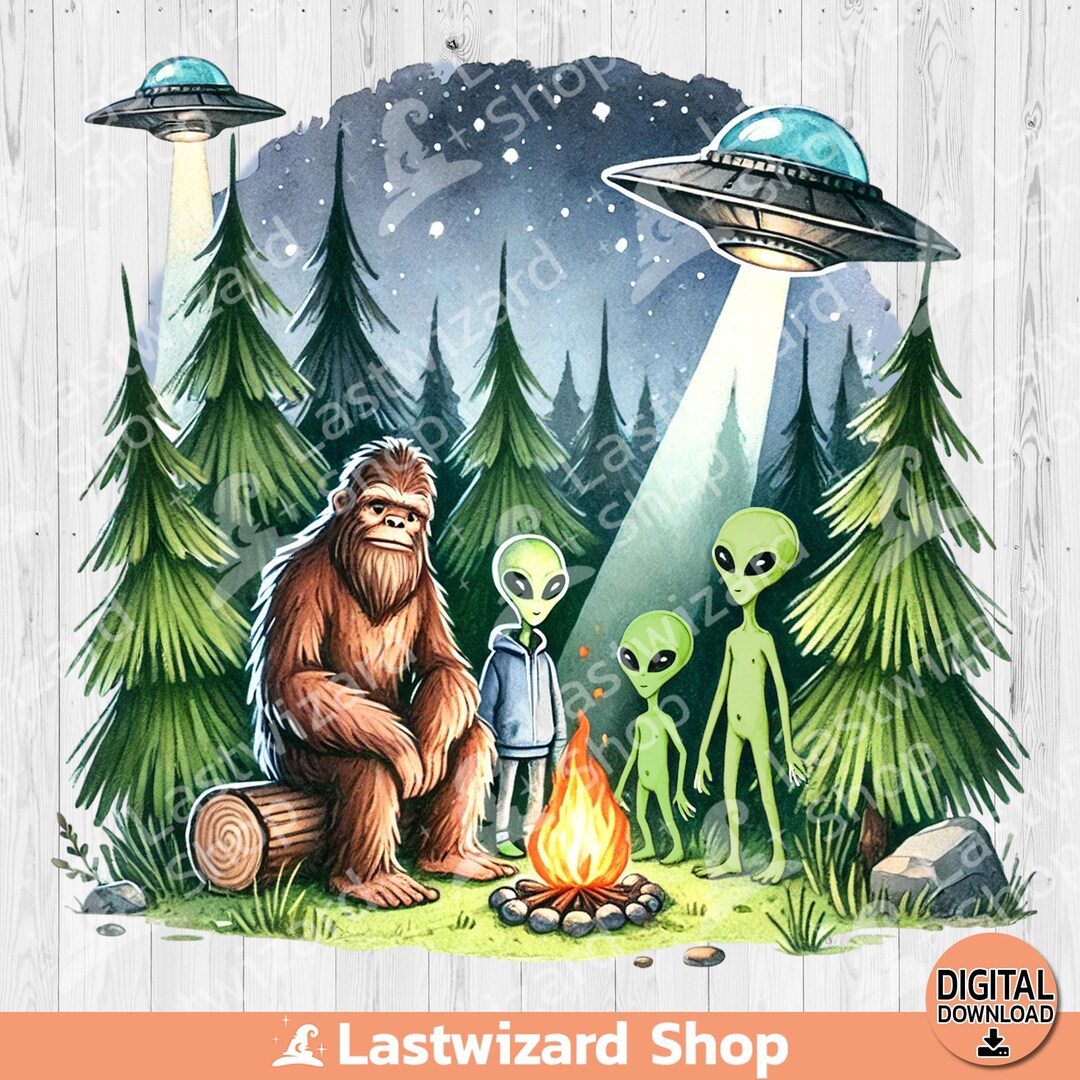 Bigfoot Alien Campfire PNG: Watercolor Cryptozoology Clipart (digital ...
