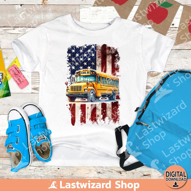 Retro School Bus American Flag Watercolor Whimsical PNG | Back to ...