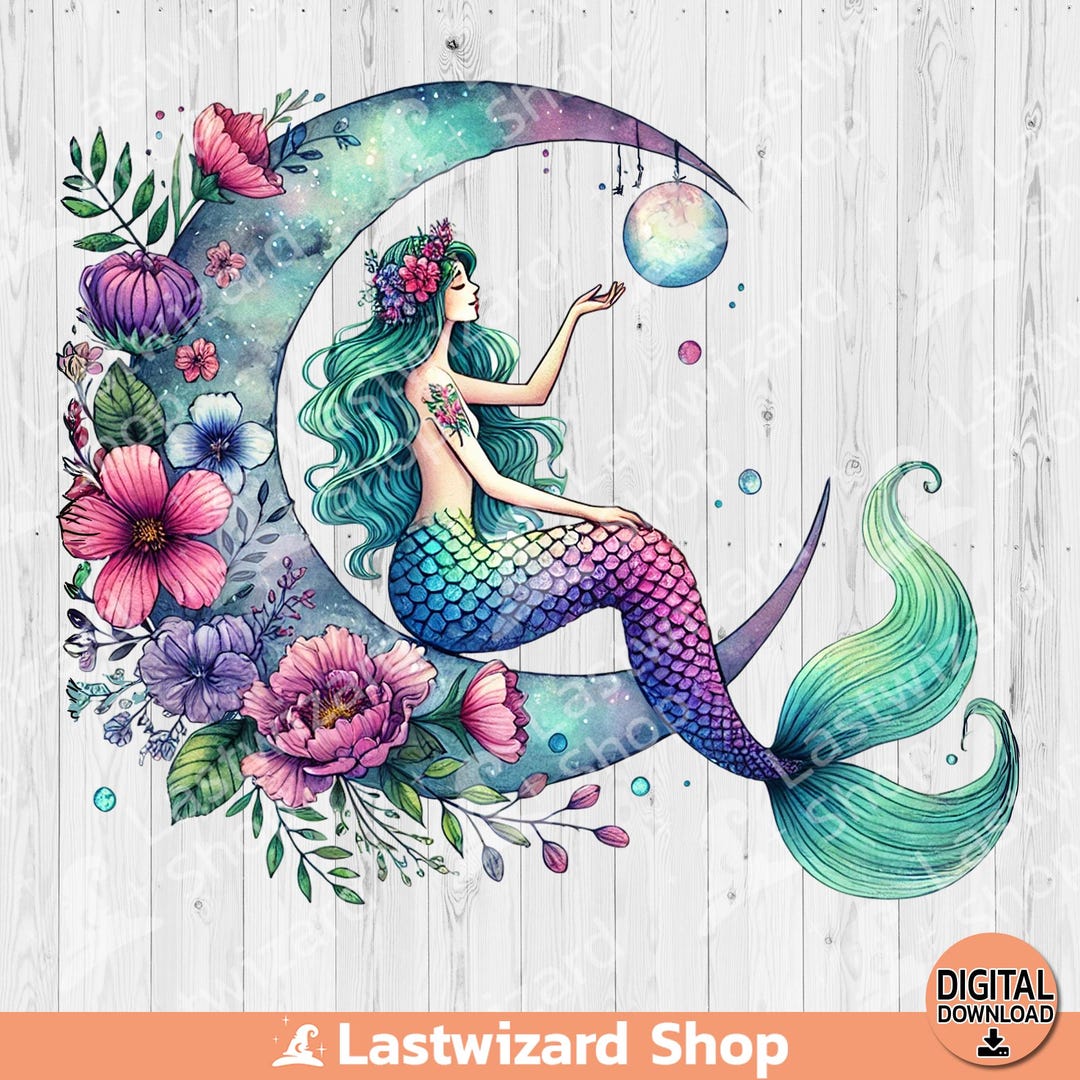 Watercolor Mermaid on Moon PNG, Celestial Siren Sublimation Design ...