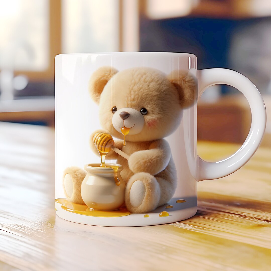 3D Teddy Bear Eating Honey Mug Wrap 11oz & 15oz Mug Wrap Template ...