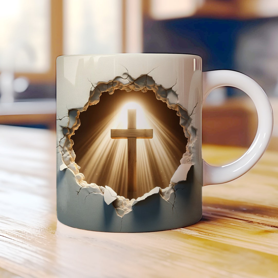 3D Holy Cross Hole Wall Cracked Mug Wrap 11oz & 15oz Mug Wrap Template ...