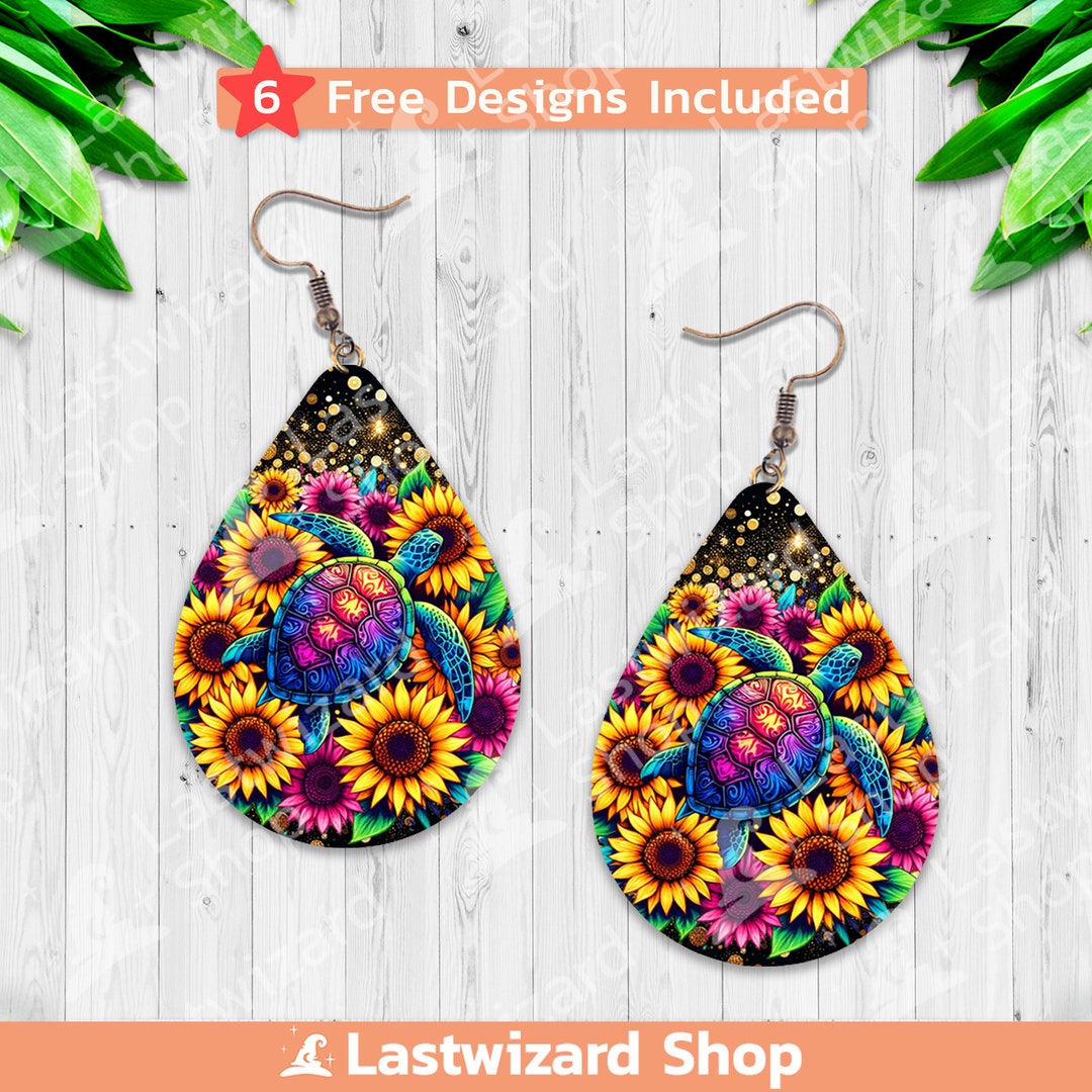 Neon Sea Turtle With Sunflowers Earrings Sublimation Design PNG ...