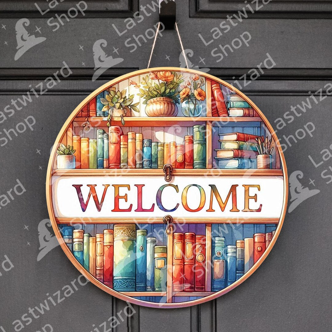 Book Lover Wreath Sign: Bookshelf Welcome Design (PNG Digital Download ...