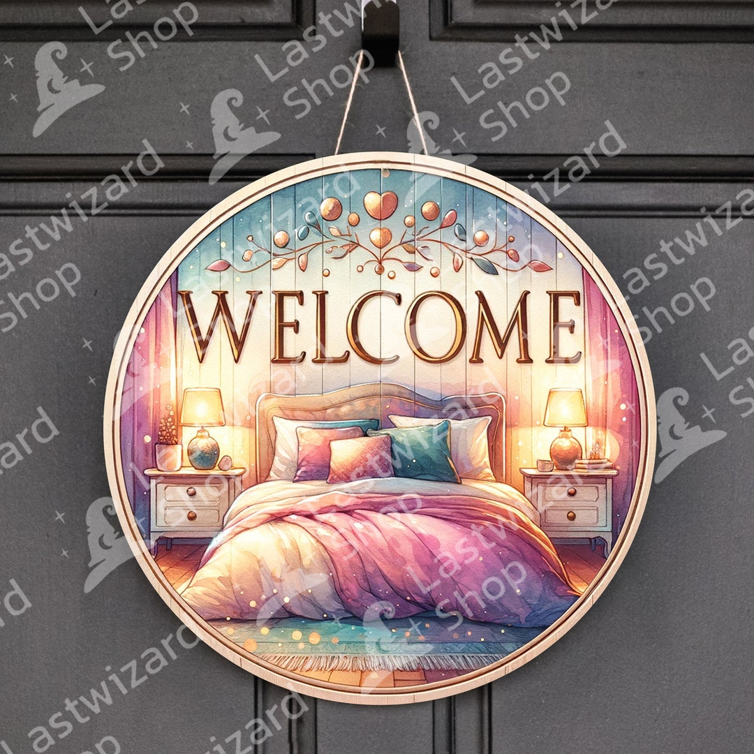 Welcome Bedroom Door Hanger PNG Design: Hotel Room Wreath Sign (digital ...