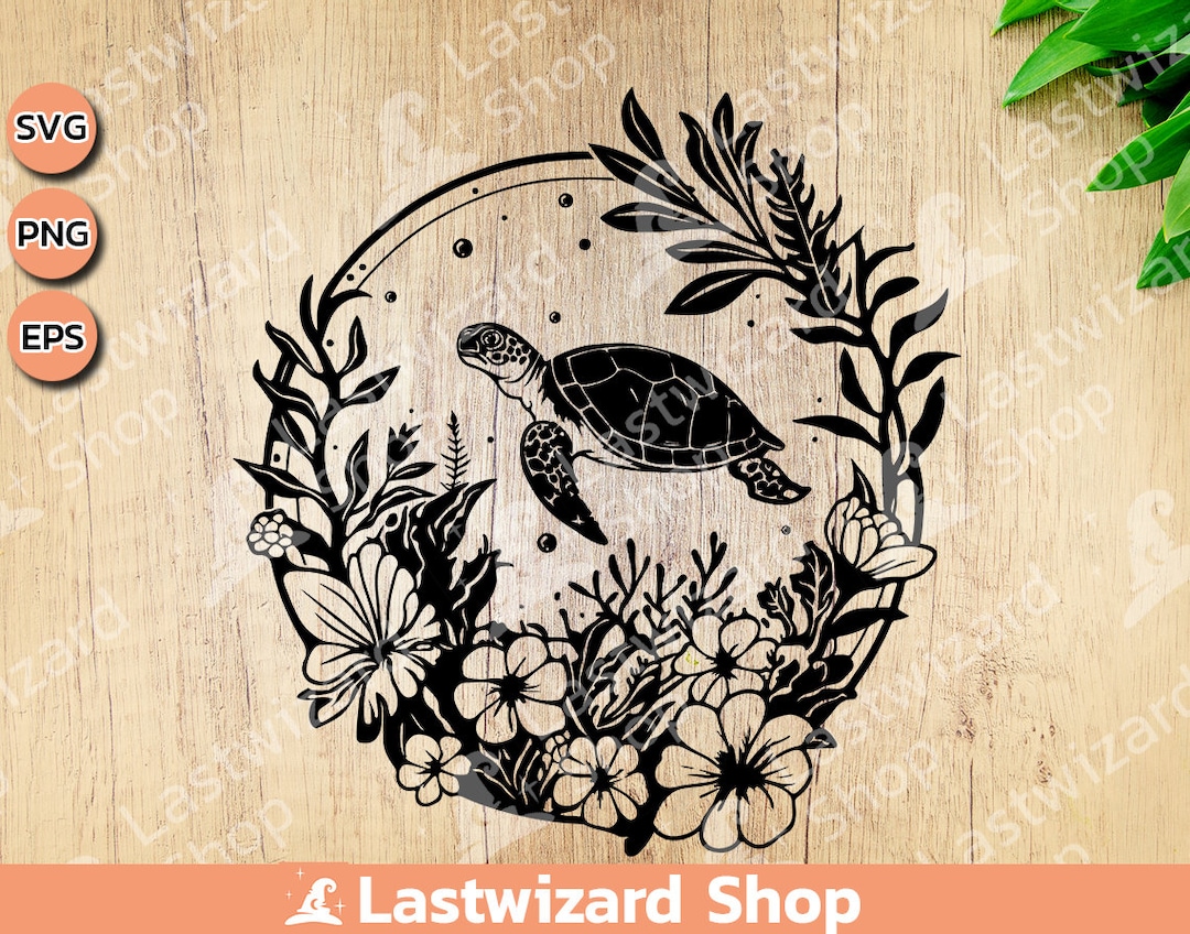 Sea Turtle With Tropical Flowers SVG: Marine Tattoo Design (digital ...