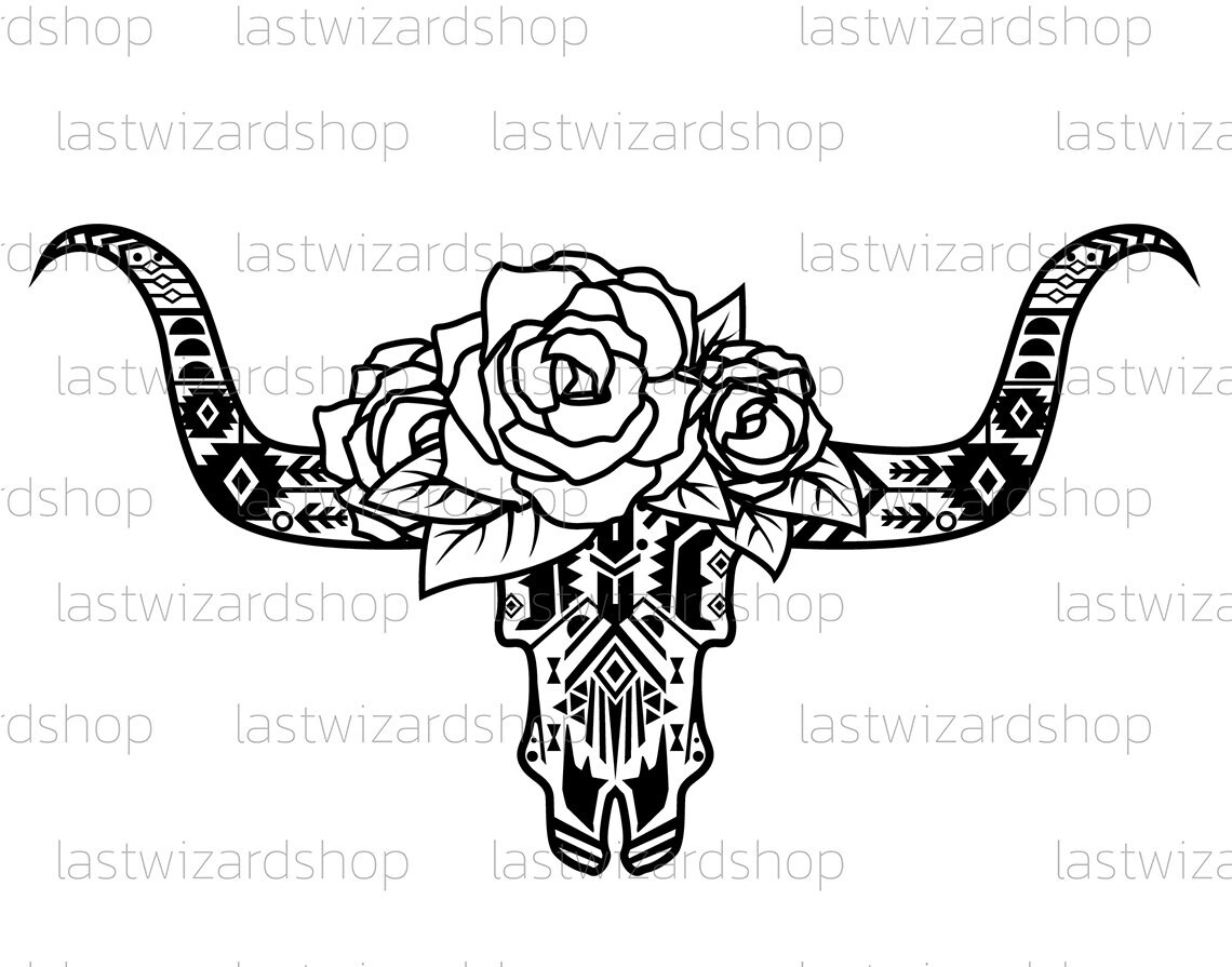 Cow Skull with Aztec Pattern and Roses Svg DFarm Svg Animal | Etsy