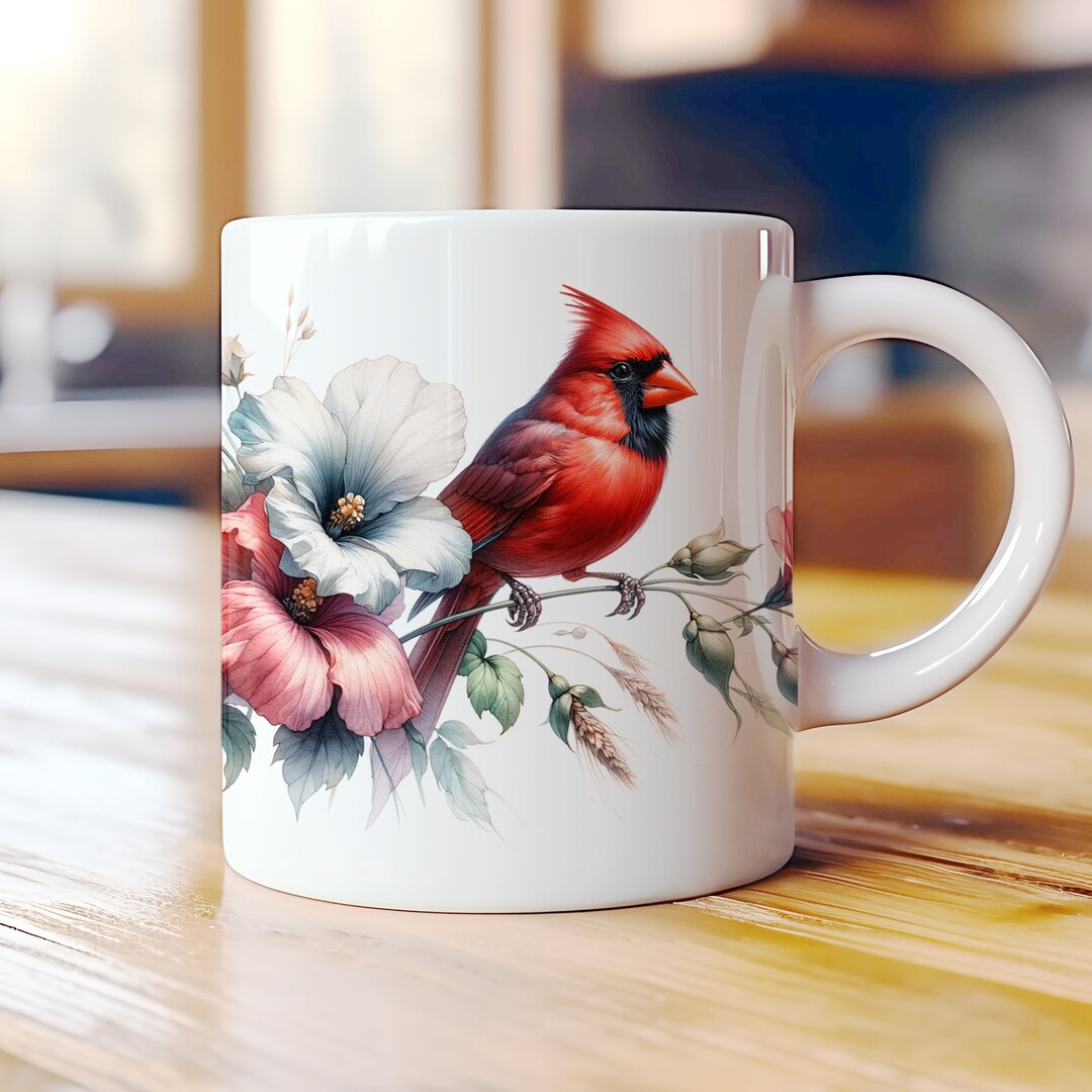 Watercolor Cardinal Bird Mug Wrap: Floral Carnival Design (digital ...