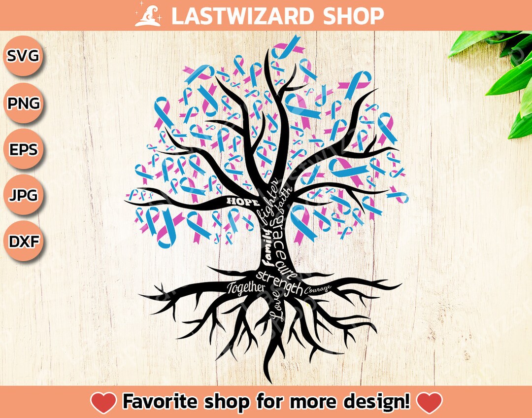 Male Breast Cancer Tree Svg, Breast Cancer Warrior, Blue Pink Ribbon ...