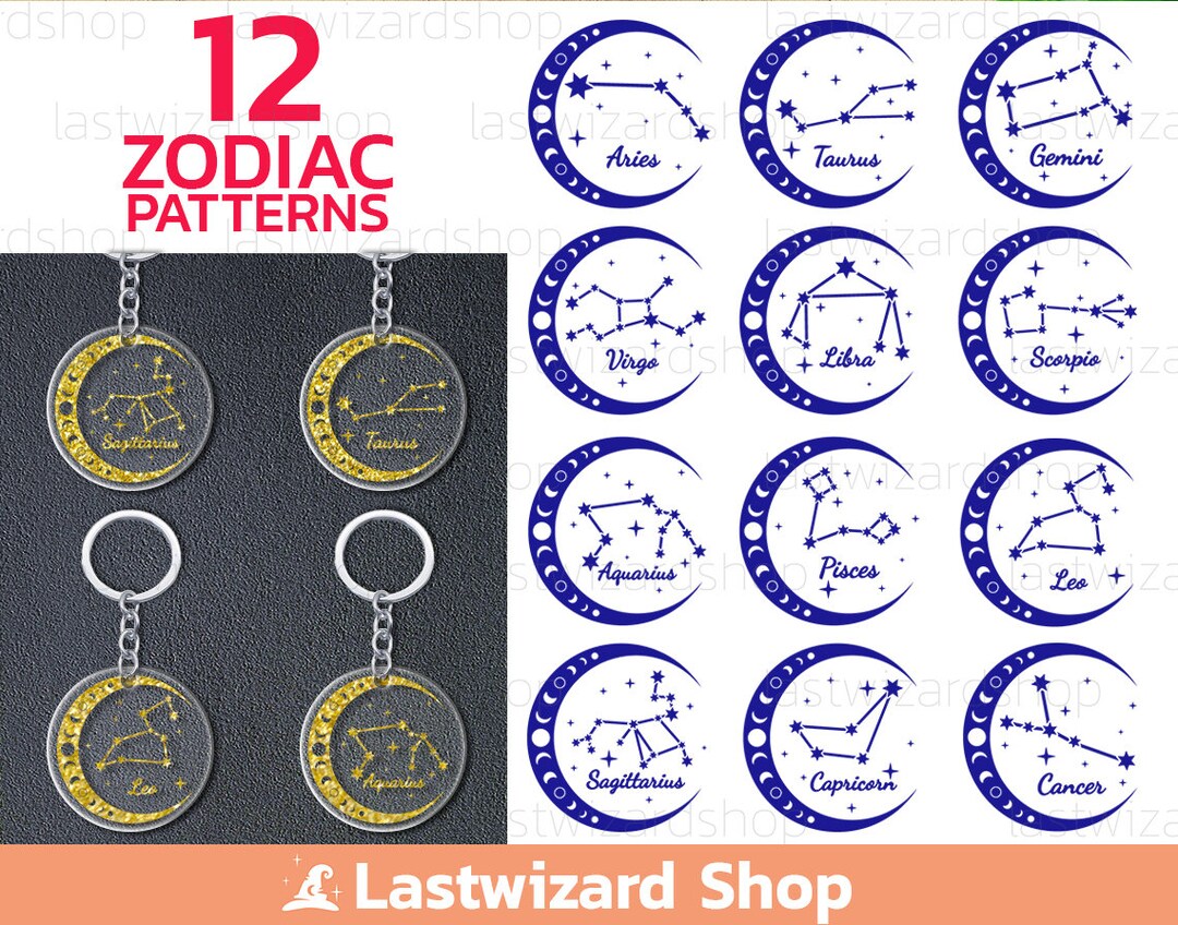 12 Star Zodiac Keychain Svg, Zodiac Sign Keyring Background Svg, Key ...